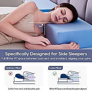 Cube Pillow for Side Sleepers 24"x12"x5" Memory Foam Rectangle Pillow Support Neck and Shoulder for Pain Relief, Thick Bed Pillow for Sleeping with Removable Cover - King, Queen, Square | Blue