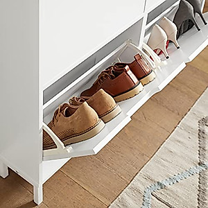 Haotian FSR100-W, White Shoe Cabinet with 4 Flip-Drawers, Freestanding Shoe Rack, Slim Shoe Organiazer