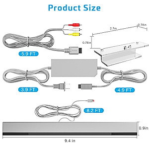 LA NREUCETS 3 in 1 Wii Wired Motion Sensor Bar + AC Power Supply Adapter Cord + Composite Audio Video Cable Compatible with Nintendo Wii (Not for Wii U)