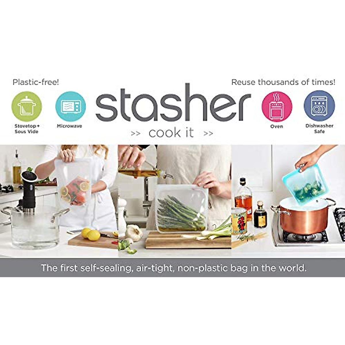 Stasher Re-Usable Food-Grade Platinum Silicone Stand Up Bag for Eating from/Cooking, Freezing and Storing in/Organising/Travelling, 17.80 x 20.30 cm/1.65 Litre/56 Fluid Ounces, Clear
