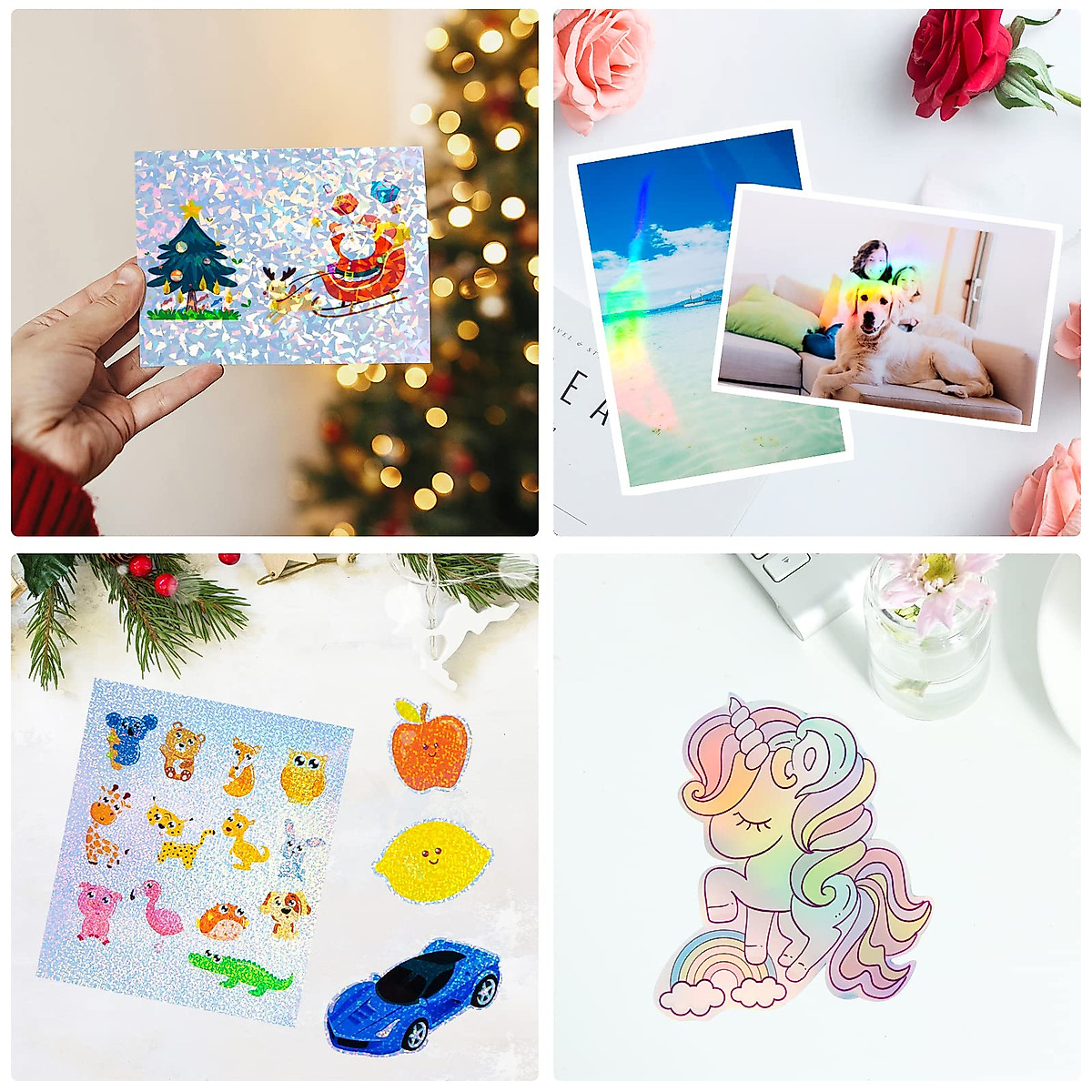 20 Sheets Holographic Sticker Paper for Inkjet & Laser Printer, Printable Vinyl Sticker Paper, Dries Quickly Sticker Paper Waterproof - 8.5x11 inch, Diamond/Rainbow/Dots/Transparent