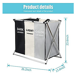 Laundry Cloth Hamper Sorter Basket Bin Foldable 3 Sections with Aluminum Frame 26''×24''H Washing Storage Dirty Clothes Bag for Bathroom Bedroom Home Storage basket (3 Liner, White+grey+black)