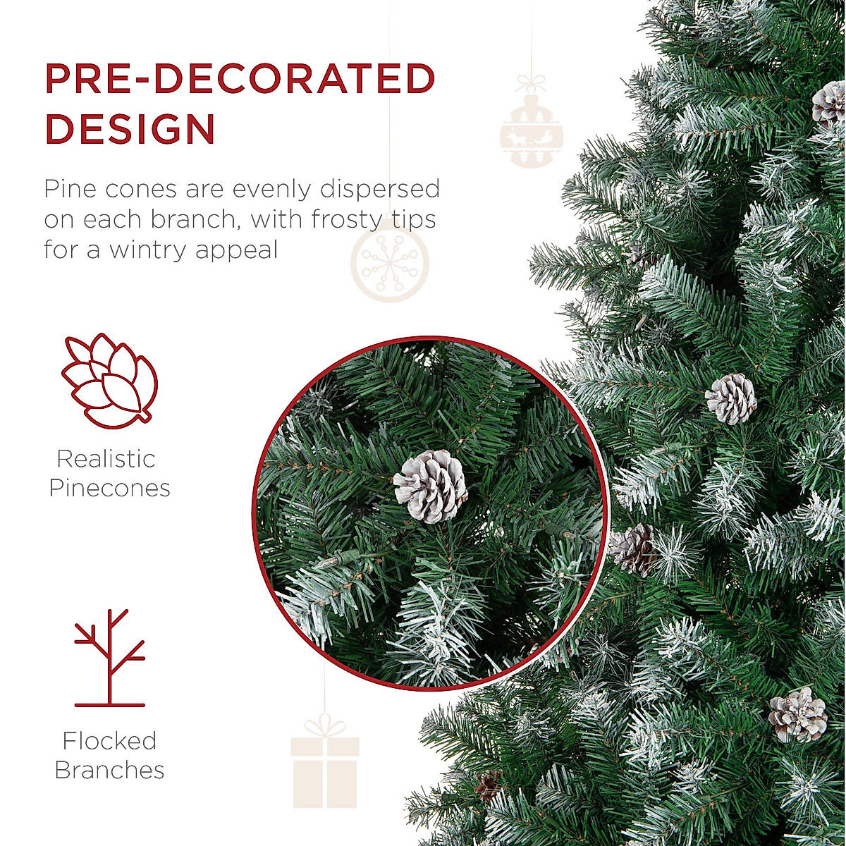 Best Choice Products 6ft Pre-Decorated Holiday Christmas Tree for Home, Office, Party Decoration w/ 1,000 PVC Branch Tips, Partially Flocked Design, Pine Cones, Metal Hinges & Base