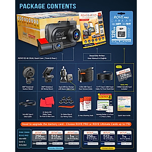ROVE R2-4K DUAL Dash Cam Front and Rear, STARVIS 2 Sensor, FREE 128GB Card Included, 5G WiFi - up to 20MB/s Fastest Download Speed with App, 4K 2160P/FHD Dash Camera for Cars, 3" IPS, 24H Parking Mode