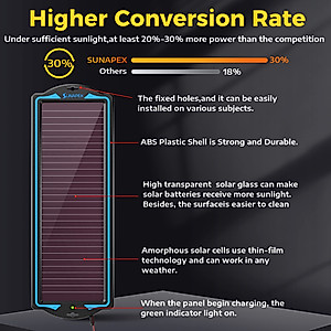 SUNAPEX 12V Solar Trickle Charger Portable Power Solar Panel Solar Battery Charger 12 Volt Waterproof Solar Battery Maintainer for Car Truck Boat RV Motorcycle Marine Trailer Battery