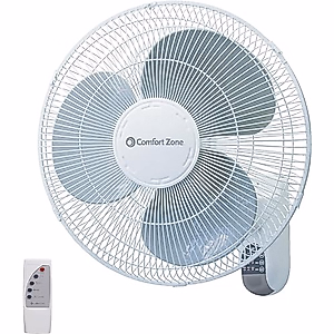 Comfort Zone 16" Quiet 3-Speed Wall Mount Fan with Remote Control, Timer and Adjustable Tilt, Ideal for Home, Bedroom, Gym & Office, CZ16WR