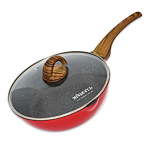 Minluful 11 Inch Nonstick Deep Frying Pan with Lid, Ceramic-Coated Skillet Wok Saute Pan with Wooden Handle