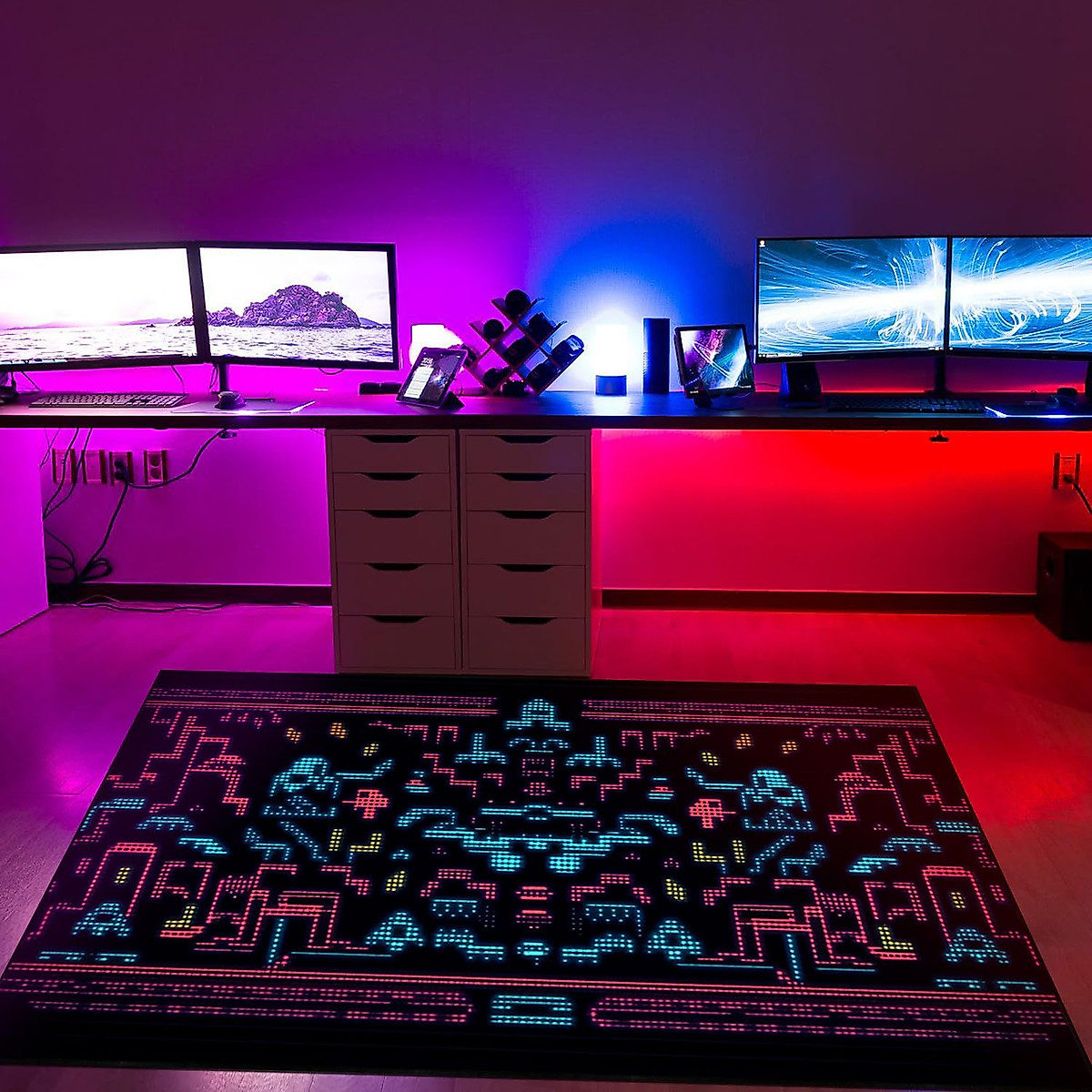 Dark & Neon 80s Arcade Carpet - Space Invaders NES Game 8bit, Customizable Area Rug, Living Room Full Size (5x8, 4x6, 3x5), Arcade Decor, Gaming Player Gift, Video Game