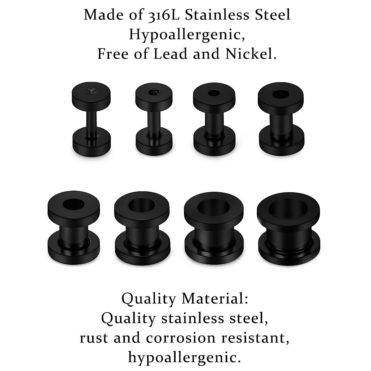 Vsnnsns 14G 12G 8G 6G 4G 2G 0G 00G 316L Surgical Stainless Steel Ear Gauges Tunnel Plug Earrings Expander Stretcher Piercings Jewelry for Women Men 8 Pairs Black 1.6mm - 10mm 14 Gauge - 00Gauge