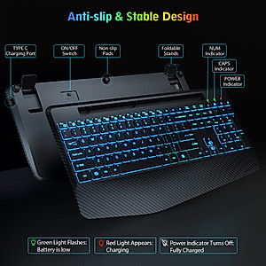 SABLUTE Wireless Keyboard with 7 Colored Backlits, Wrist Rest, 2.4G Computer Gaming Keyboard with Phone Holder, Rechargeable Full Size Ergonomic Keyboard with Silent Keys for MacBook, PC, Laptop