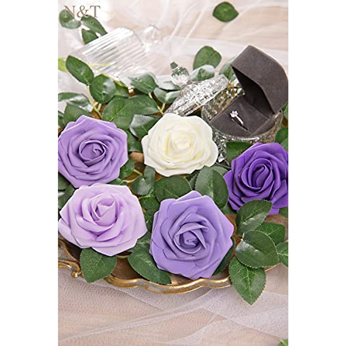 N&T NIETING Purple Roses Artificial Flowers 25Pcs Fake Flowers Foam Roses with Stems for DIY Wedding Bridesmaid Bridal Bouquets Centerpieces Party Home Decoration Baby Shower, Series Purple