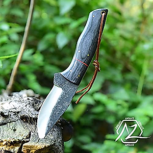 ZEASNA ZE-HK-51 Handmade Carbon Steel hunting knife with Leather Sheath Outdoor Full Tang Fixed blade Bushcraft Knife, survival knife for Hunting Camping Skinning with Wood Handle (Black)