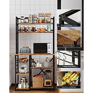 Gizoon Home Kitchen Baker's Rack with Spacious Storage, 5 Tier Versatile Microwave Stand Shelf with Basket & Side Hooks,Free Standing, Sturdy, Durable-Retro