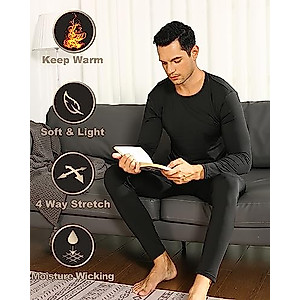Thermal Underwear for Men Long Johns Thermals Top Bottom Set Base Layer Black L
