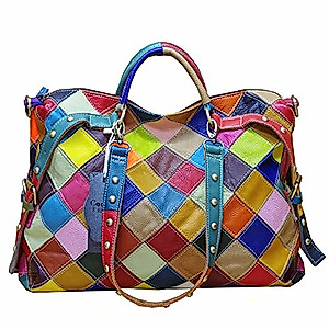 Women's Multicolor Tote Handbag Abstract Design Handbag Genuine Leather Hobo Shoulder Purse, Colors