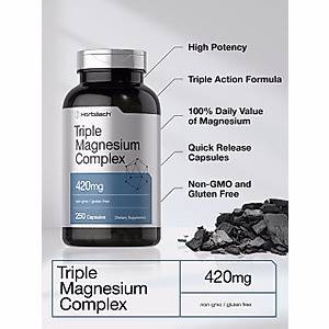 Horbäach Triple Magnesium Complex | 420 mg | 250 Capsules | Non-GMO and Gluten Free Formula | Magnesium Oxide, Citrate, and Aspartate Dietary Supplement