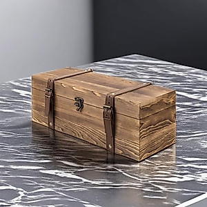 MyGift Vintage Brown Wood Single Wine Bottle Holder Gift Box with Leatherette Buckle Straps and Locking Latch