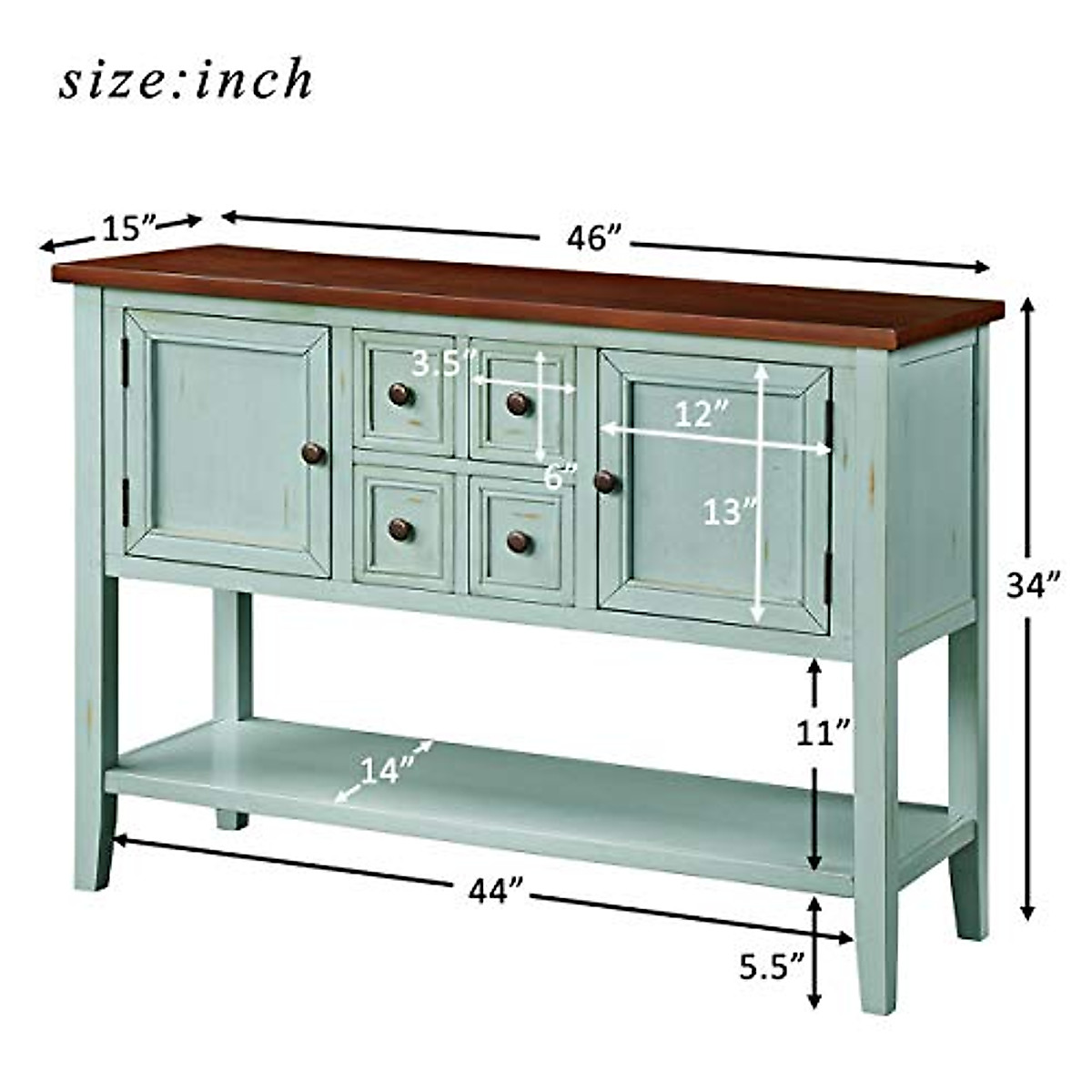Knocbel Vintage Wood Console Table Buffet Sideboard with 4 Storage Drawers, 2 Cabinets & Bottom Shelf, Entryway Hallway Foyer Table Cupboard Coffee Bar Cabinet, 46" L x 15" W x 34" H (Antique Blue)