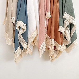 Muslin Cotton Baby Receiving Blanket with Fringe, Boho Bohemian Tassels, Nursery Decor, Boy or Girl Unisex Swaddle Wrap, Use as Throw or Nursing Fringed Blankets (Tan)