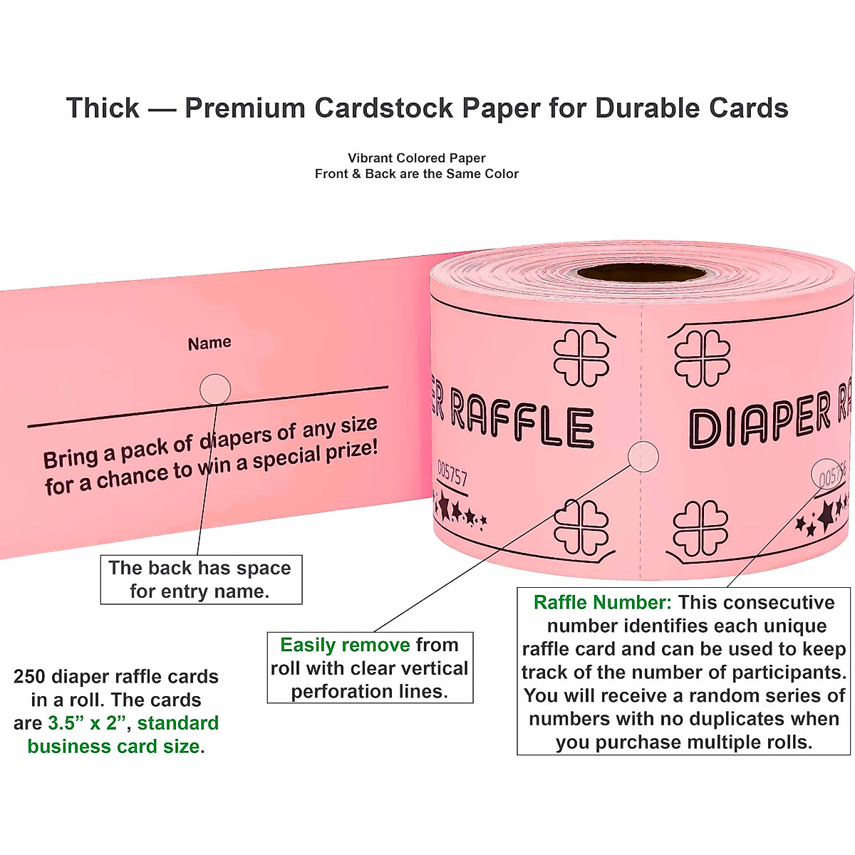 Carewon 250 Diaper Raffle Tickets, Pink (3 Color Selection), for Baby Shower Games, Invitations, and Drawing Prizes, Cute Party Accessories