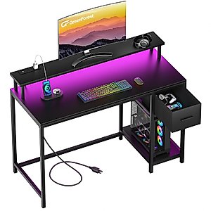 GreenForest Gaming Desk 47 Inch with LED Lights and Monitor Stand, Computer Desk with Drawer for Small Spaces, Office Desk with Power Outlets and Shelf, Black