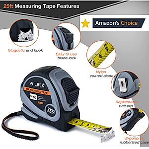 WILBEK 25 Ft Measuring Tape Retractable Set with 12" Heavy-Duty Aluminum Torpedo Level Tool, Automatic Lock Retractable Ruler Easy Read Tape Measure, Tape Measure 25 ft, Steel Tape Measure.
