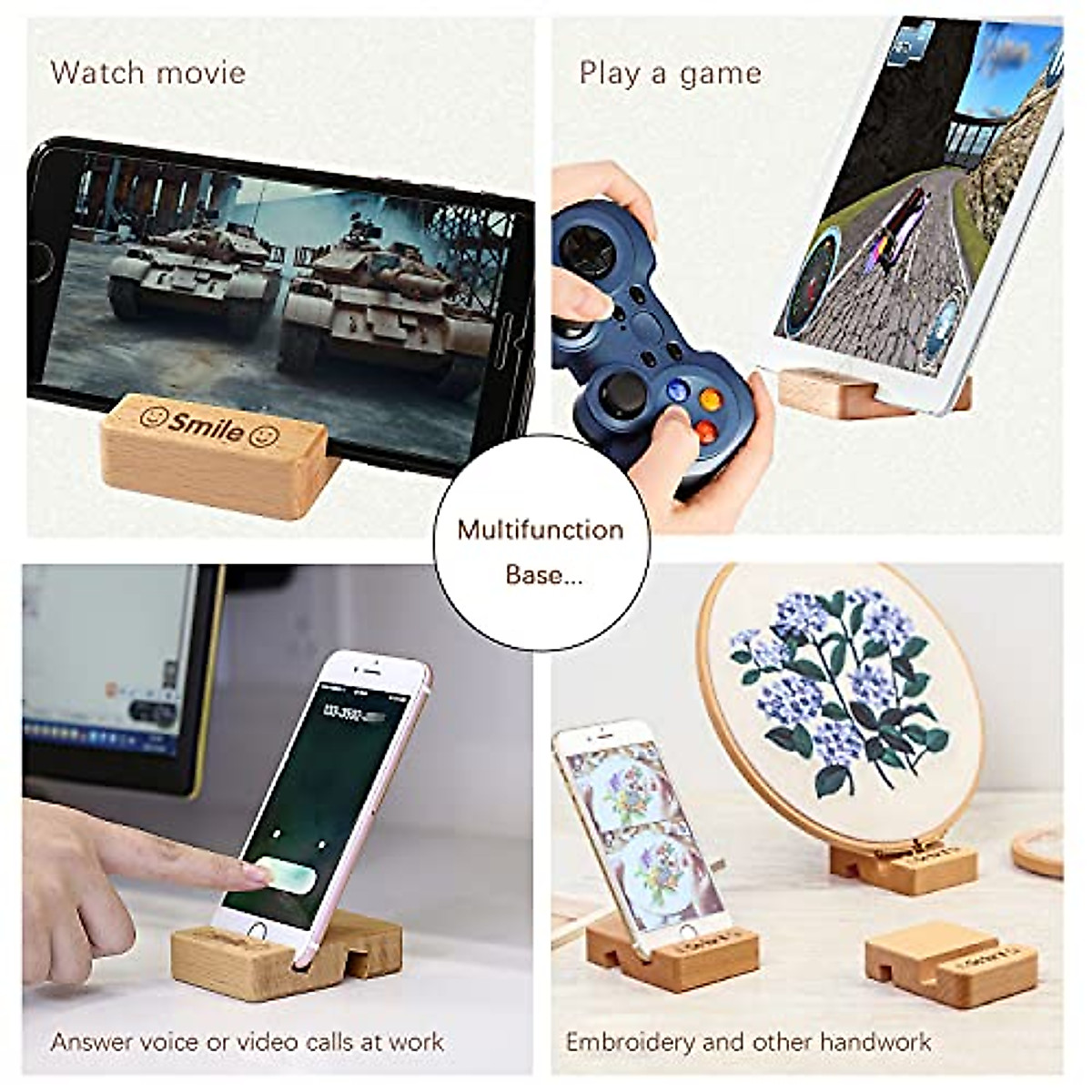 Wood Cell Phone Stand Wooden Portable Mobile Holder,Natural Bamboo Wooden Desktop Tablet Mobile Phone Holder for All Kinds of Phone iPad Mini,Double Groove Design