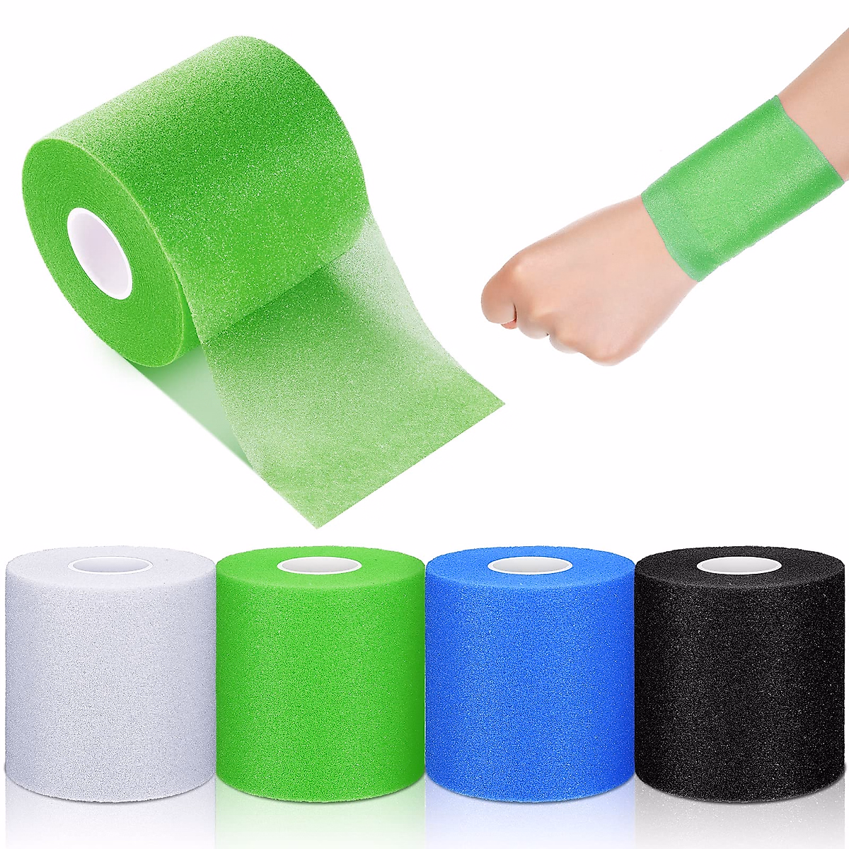 4 Pieces Foam Underwrap Athletic Foam Tape Sports Pre Wrap Athletic Tape Sports Tape for Ankles Wrists Hands Knees and hair, 2.75 x 30 Yards (Black, Blue, White, Green)