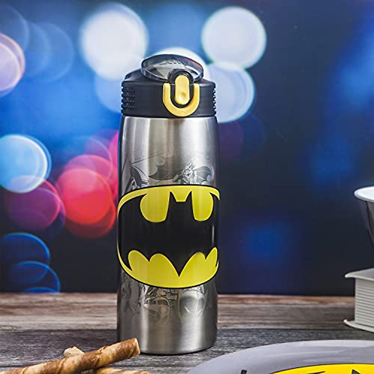 Zak Designs DC Comics Dinnerware 3 Piece Set Includes Plate, Bowl, and Water Bottle, Non-BPA, Made of Durable Material and Perfect for Fans (18/8 Stainless Steel, Batman)