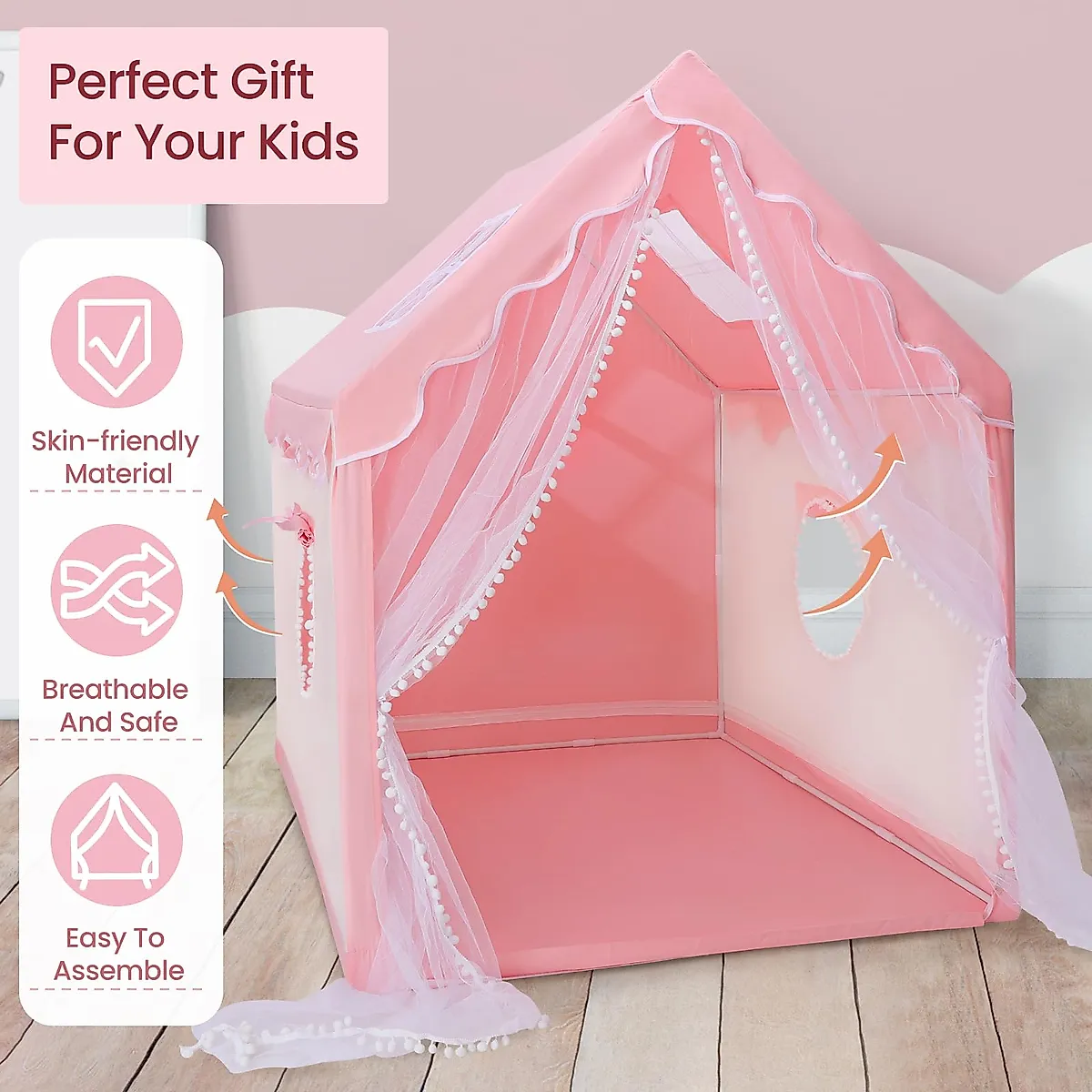 Kids Tent Play Tents for Toddler Children Indoor and Outdoor Large Pink Girls Princess Playhouse Castle with Windows Kids Room Furniture 47" L × 40" W × 52" H