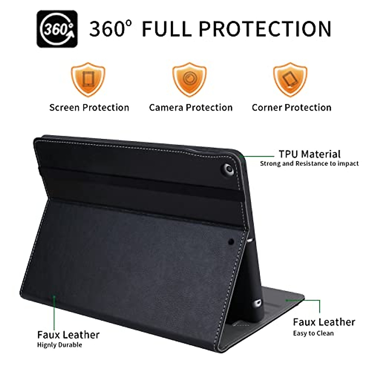 HFcoupe 10.2 Case for iPad 9th Generation 2021 / 8th Gen 2020 / 7th Gen 2019, Multiple Angles Viewing Leather Folio Protective Cover with Pencil Holder and Pocket Auto Sleep/Wake -Black