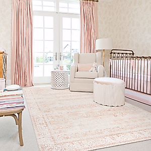 Nursery Rug for Baby Girl,Neutral Blush Pink Boho Cute Floral Foldable Machine Washable Soft Faux Wool Carpet Area Rugs for Living Room Bedroom Dorm Kids Playroom,5x7