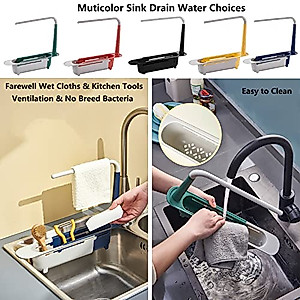 PKHOUHYI Telescopic Sink Storage Rack Holder,Adjustable 2-in-1 Telescopic Sink Drain Storage Racks,Sink Storage Rack Kitchen Organizer Soap Sponge/Brush/Rag Holder Black