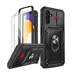 LeYi for Galaxy A13 5G / A04s Case: Slide Camera Cover + [2 Pcs] Tempered Glass, for 360 Military-Grade with Kickstand, Black