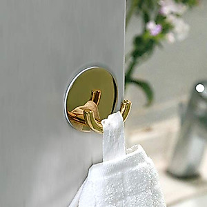 Self Adhesive Double Coat Hook Wall Mount, Round Double Towel Rack, Modern Kitchen Bathroom Multi-Purpose Hanger for Robe, Hat, Key… (Gold)
