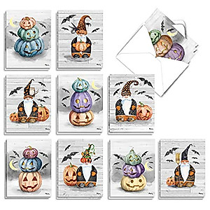 The Best Card Company - 20 Happy Halloween Note Cards Boxed (10 Designs, 2 Each) - Spooky Notecard Assortment (4 x 5.12 Inch) - Gnomes and Pumpkins AM3374HWG-B2x10