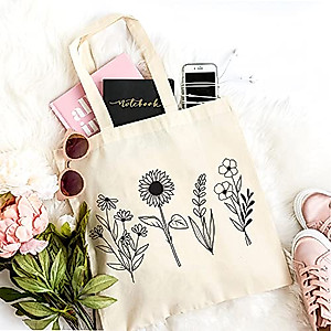 Wildflower Canvas Tote Bag Flower Lover Funny Reusable Shopping Bag with Handles For Student Work 15.8 x 13.5 inches