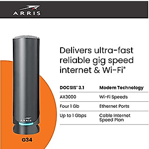 ARRIS Surfboard G34 DOCSIS 3.1 Gigabit Cable Modem & Wi-Fi 6 Router (AX3000) | Approved for Comast Xfinity, Cox, Spectrum & More | Four 1 Gbps Ports | 1 Gbps Max Internet Speeds | 2 Year Warranty