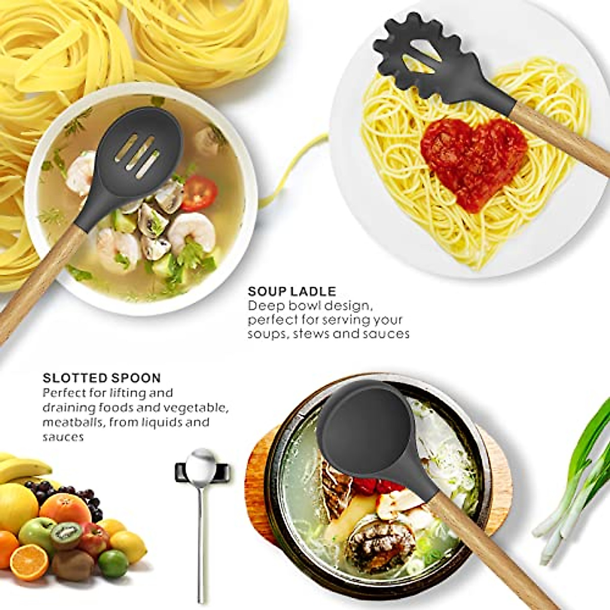 14 Pcs Silicone Cooking Utensils Kitchen Utensil Set - 446°F Heat Resistant,Turner Tongs, Spatula, Spoon, Brush, Whisk, Wooden Handle Gray Kitchen Gadgets with Holder for Nonstick Cookware (BPA Free)