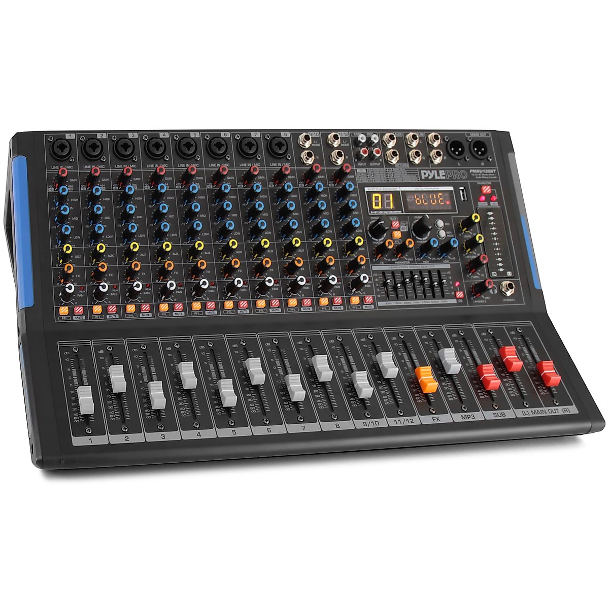PYLE 12-Channel Bluetooth Studio Audio Mixer - DJ Sound Controller Interface with USB Drive for PC Recording Input, RCA, XLR Microphone Jack, 48V Power, For Professional and Beginners - PMXU128BT