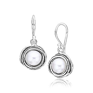 925 Sterling Silver Stud Earrings With A Fresh Water White Pearl, Wire Wrapped Bezel, Antique finish, Hypoallergenic, Nickel & Lead-free, Gift for Her, French Wire Earring Back, Pearl
