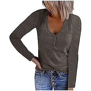 Women's Casual Solid Color Ribbed Top Long Sleeve V-Neck Pullover Knit Shirt Comfy Buttons Slim Workout Plain Blouses Khaki