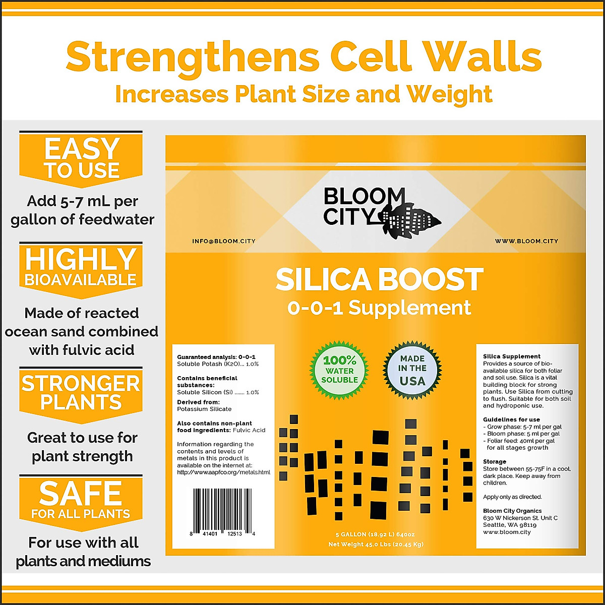 Liquid Silica Boost Fertilizer and Supplement by Bloom City, 1/2 Pint (8 oz) Concentrated Makes 45 Gallons