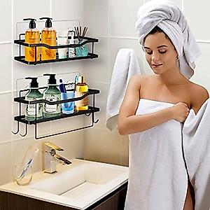 Pisman Shower Caddy,Bathroom Organizer,2 Pack Adhesive Shower Shelves with Hooks,Black Shower Rack for Bathroom/Toilet/Kitchen etc (Matte Black 2 Pack)