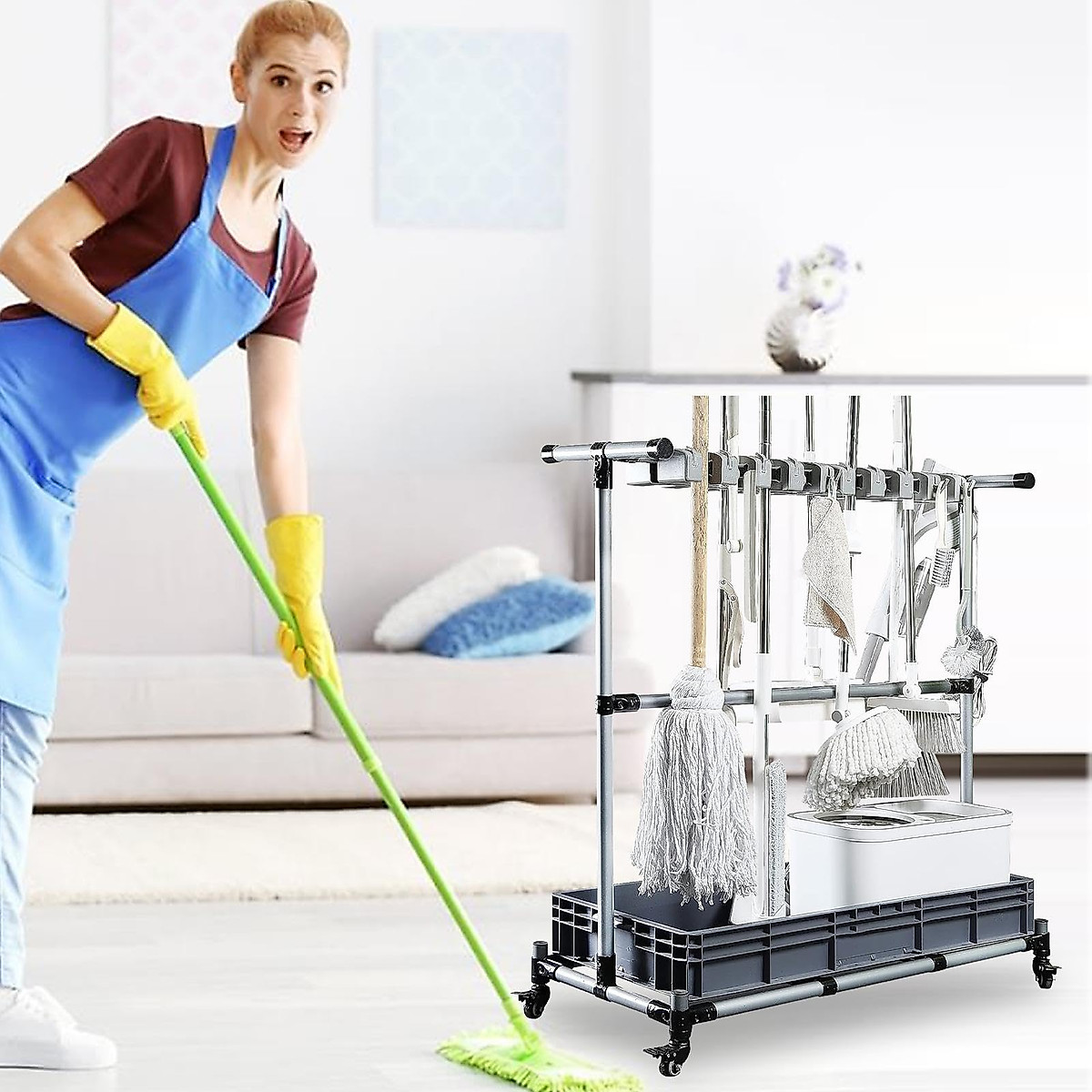 Broom and Mop Organizer Wall Hanging, Movable Commercial Multifunctional Cleaning Cart and Tool Organizer Drain Rack, 41.34x19.69x5.12 Inches Cleaning Cart Put Wet Mops for Garden Garage Organizer