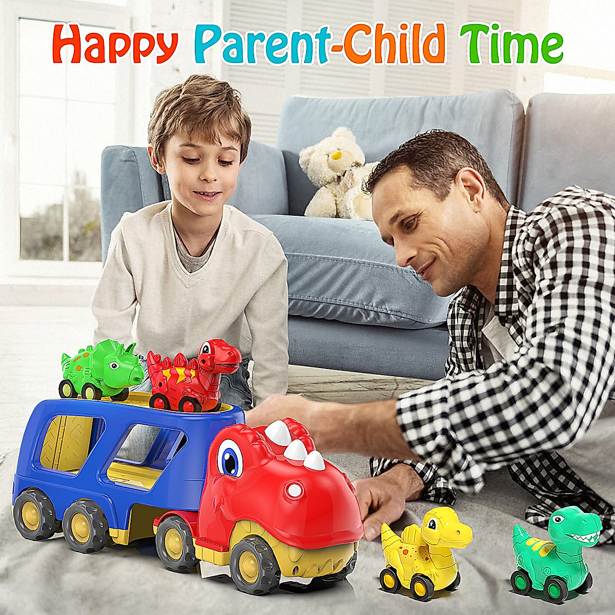 Toddler Car Toy for 2 3 4 5 Years Old, Dinosaur Transport Carrier Truck with 4 Pack Small Pull Back Dino Car, Friction Power Vehicle Christmas Birthday Gift for 18M+ Kids Boys Girls