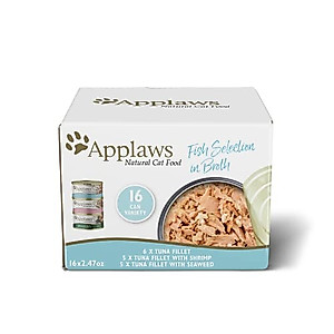 Applaws Natural Wet Cat Food, 16 Pack, Limited Ingredient Canned Wet Cat Food, Fish Variety Pack in Broth, 2.47oz Cans