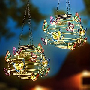 2 Pack Butterfly Solar Lights Outdoor Hanging Solar Lantern with Handle, Solar Powered Butterflies Garden Decor for Outside Patio Yard Porch Pathway Butterfly Gifts for Women (Warm White LED Lights)