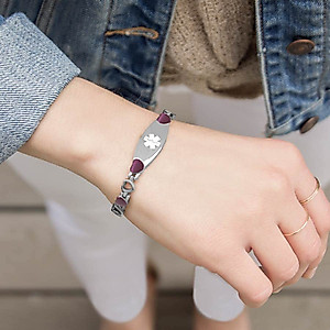 Medical Alert Bracelet For Women, Purple and Silver Stainless Steel Heart Link Bracelet, Custom Engraving, 1 Year Warranty, Custom Sized, Waterproof and Durable, Lauren's Hope Medical ID (Purple and Silver, 6.5 inch)