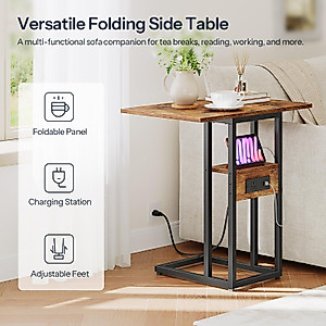 HOOBRO Foldable End Table, C Shaped Side Table with Charging Station, Sofa Couch Table That Slide Under for Living Room Bedroom Small Spaces, Easy Assembly, Rustic Brown and Black BF29USF01